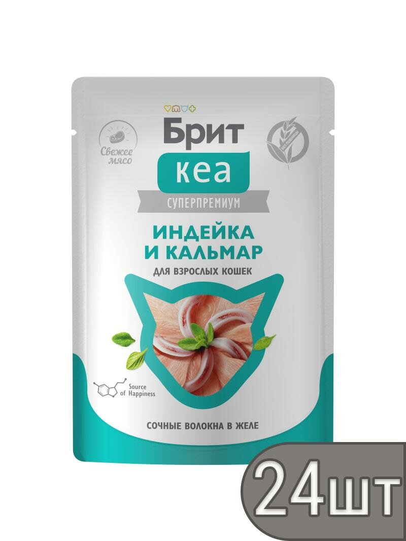 Brit Набор 24 шт брит КЕА Пауч для взрослых кошек Индейка и Кальмар в желе, 75г 1.8 кг