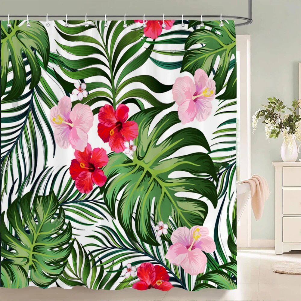 3D занавески для душа Monstera, зелёные листья, полиэстер, W180xH180cm, Розовый