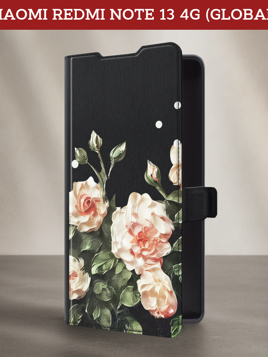 Чехол-книжка на Xiaomi Redmi Note 13 4G (Global) / Сяоми Редми Нот 13 4G с принтом Цветочная картина 2, черный