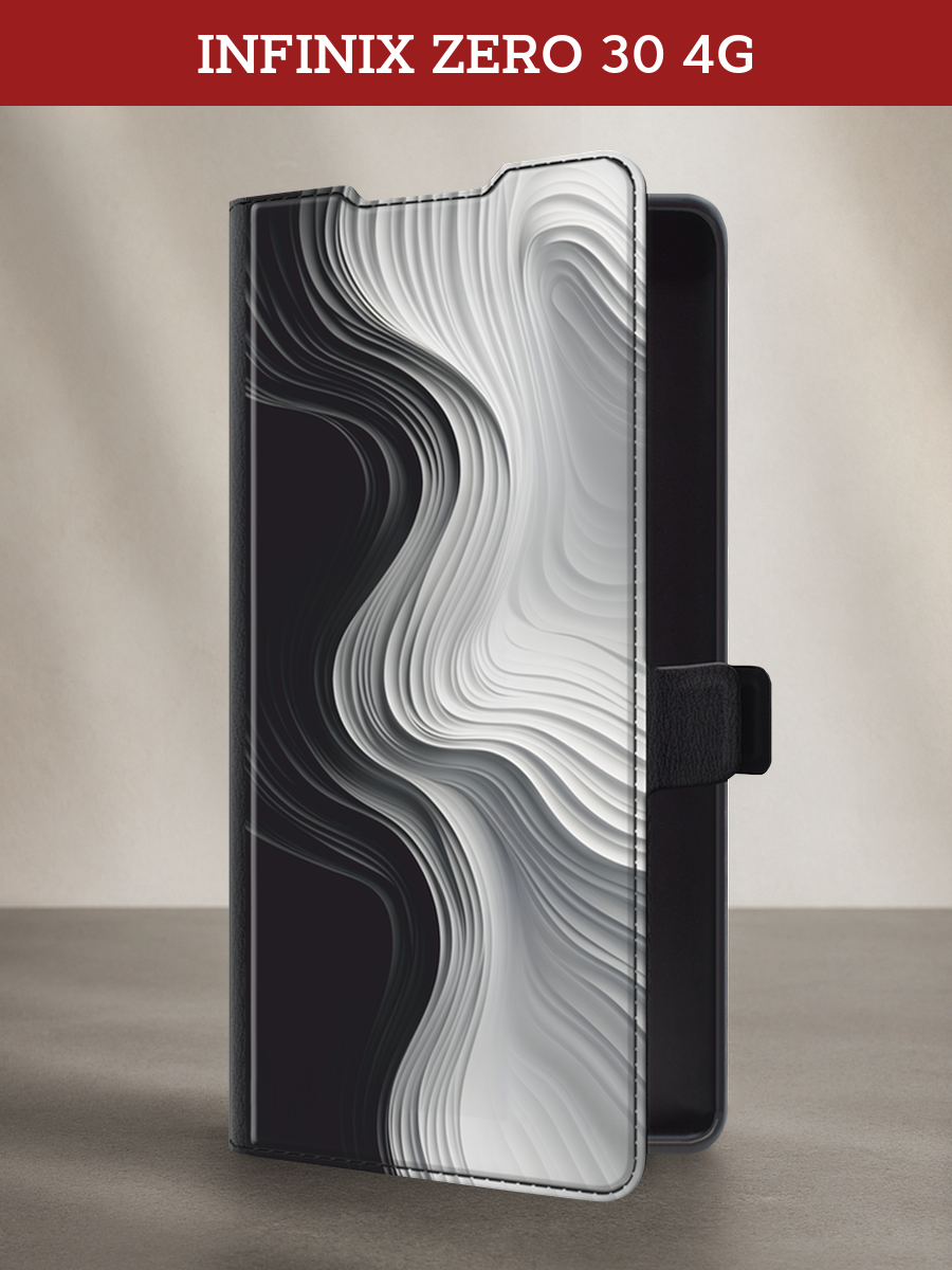 Чехол-книжка на Infinix Zero 30 4G / Инфиникс Зеро 30 4G с принтом Чёрно-белые волны, черный