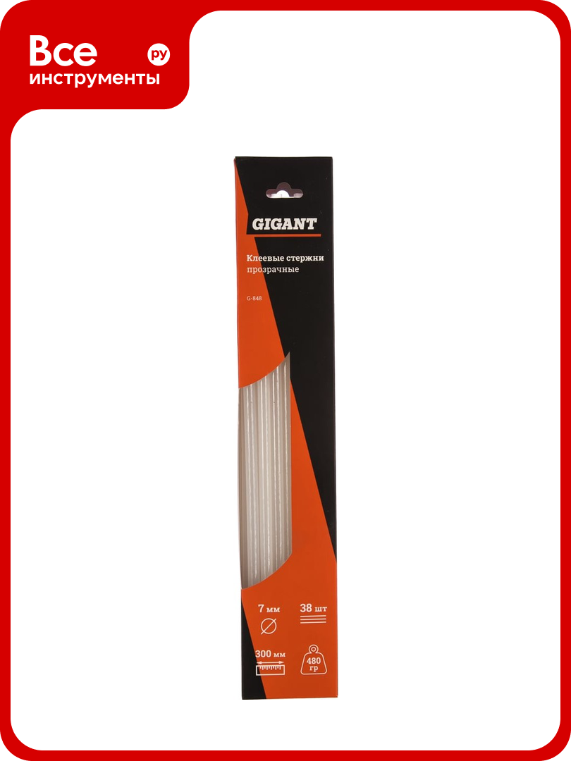 Стержни клеевые (38 шт; 7x300 мм; прозрачные; 480 гр) Gigant G-848, дерева,