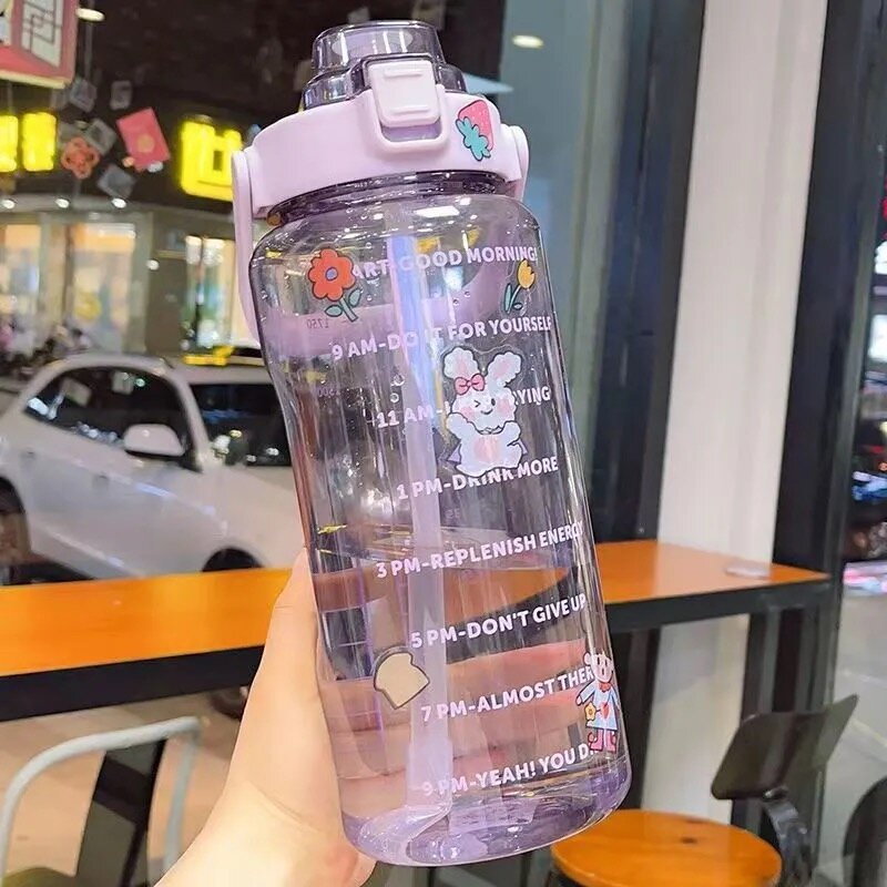 Бутылка для воды "Разметка шкала", с трубочкой, розовый, 2 л