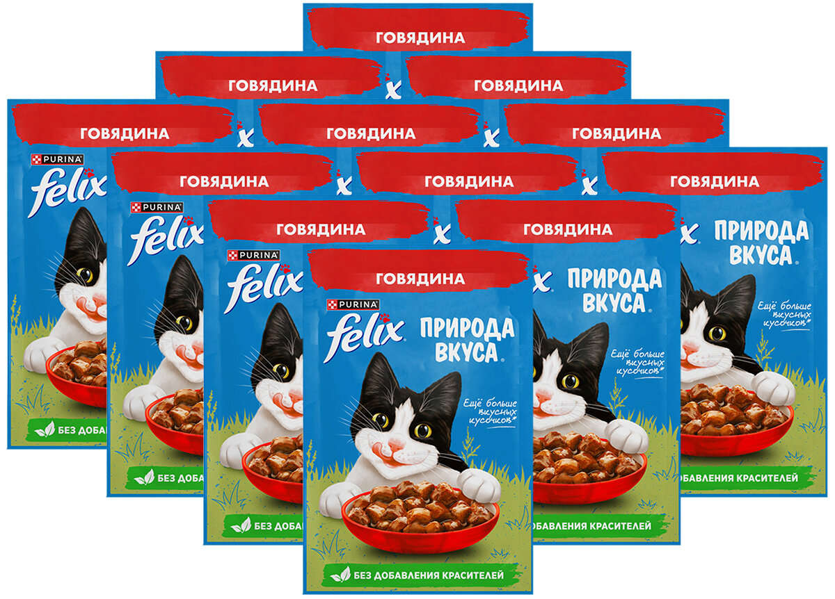 Корм влажный Felix Природа Вкуса для взрослых кошек, говядина в соусе, 75 гр х 12 шт