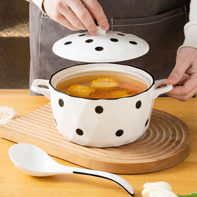 Тарелка для супа 10 дюймов керамическая с двумя ручками стиль Хепберн с ложкой для рыбы, лапши, салата