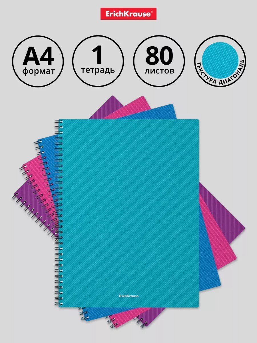 Тетрадь на спирали ErichKrause. Glance Vivid A4, 80 листов, в клетку, пластиковая обложка, блок офсет, микс