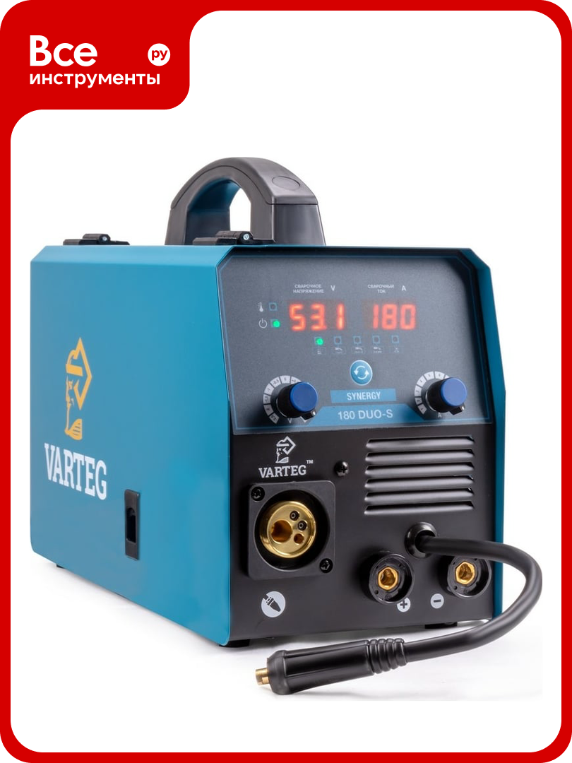 Сварочный полуавтомат VARTEG 180 DUO-S 8655: инверторный MIG/MAG/MMA, синергия, 180 А, воздушное охлаждение, IP21S, идеа
