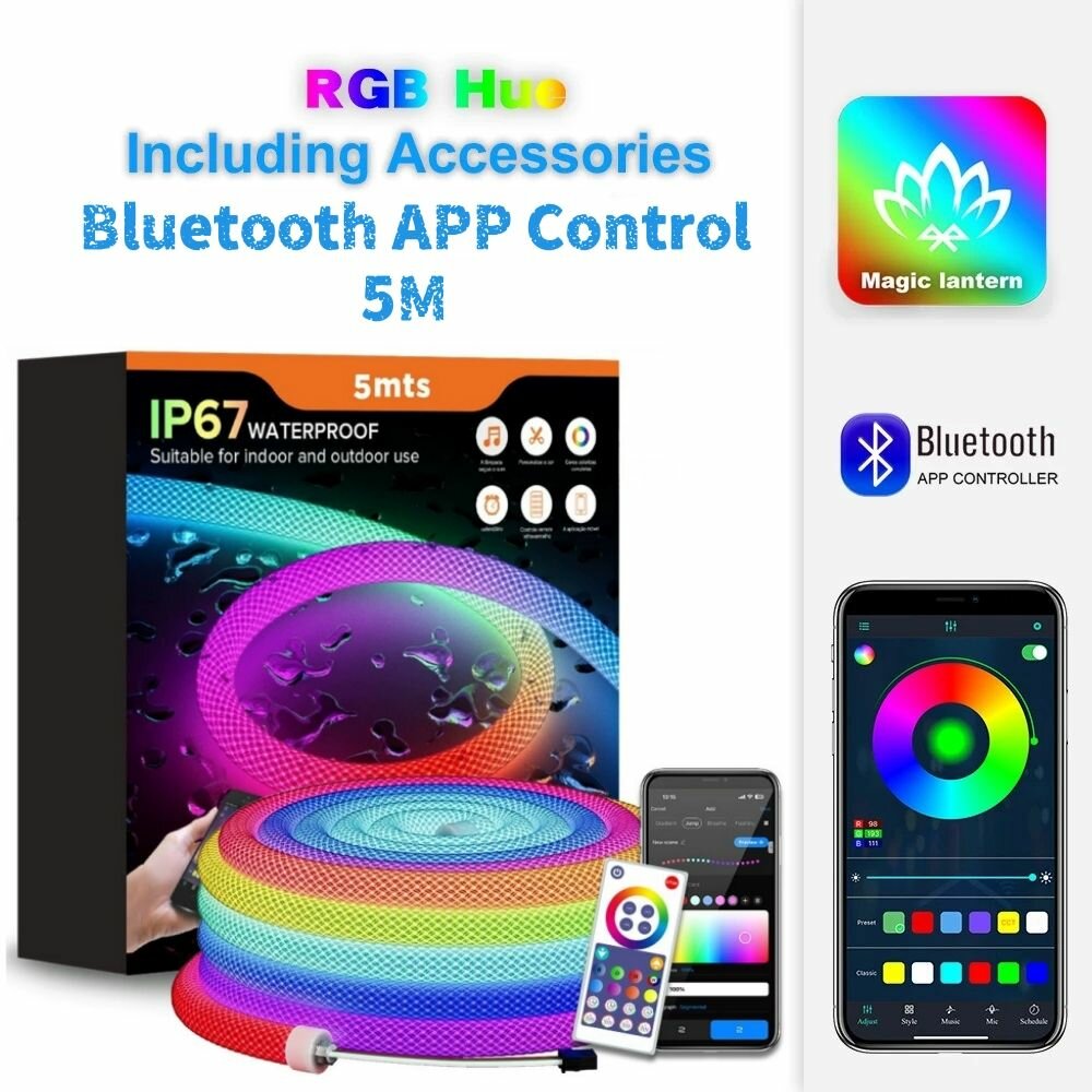 5 м Круглая искусственная неоновая полоса, Декор для настенного освещения с приложением Bluetooth, Гибкая силиконовая лента RGB+IC с подсветкой на 360 , IP67 с дистанционным управлением