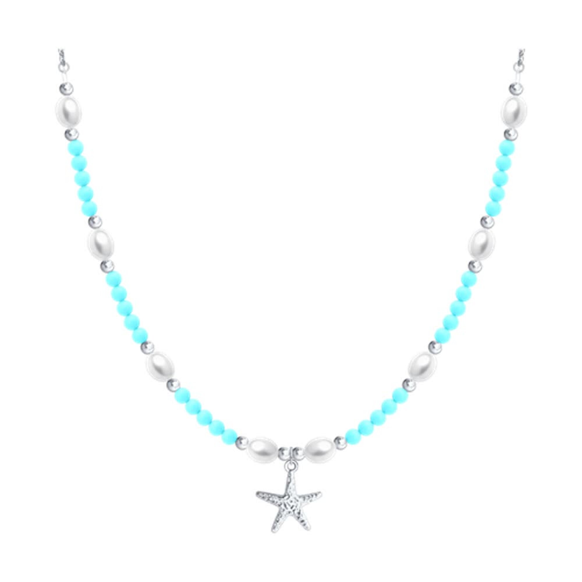 Колье, серебро, 925 проба, родирование, бирюза, жемчуг