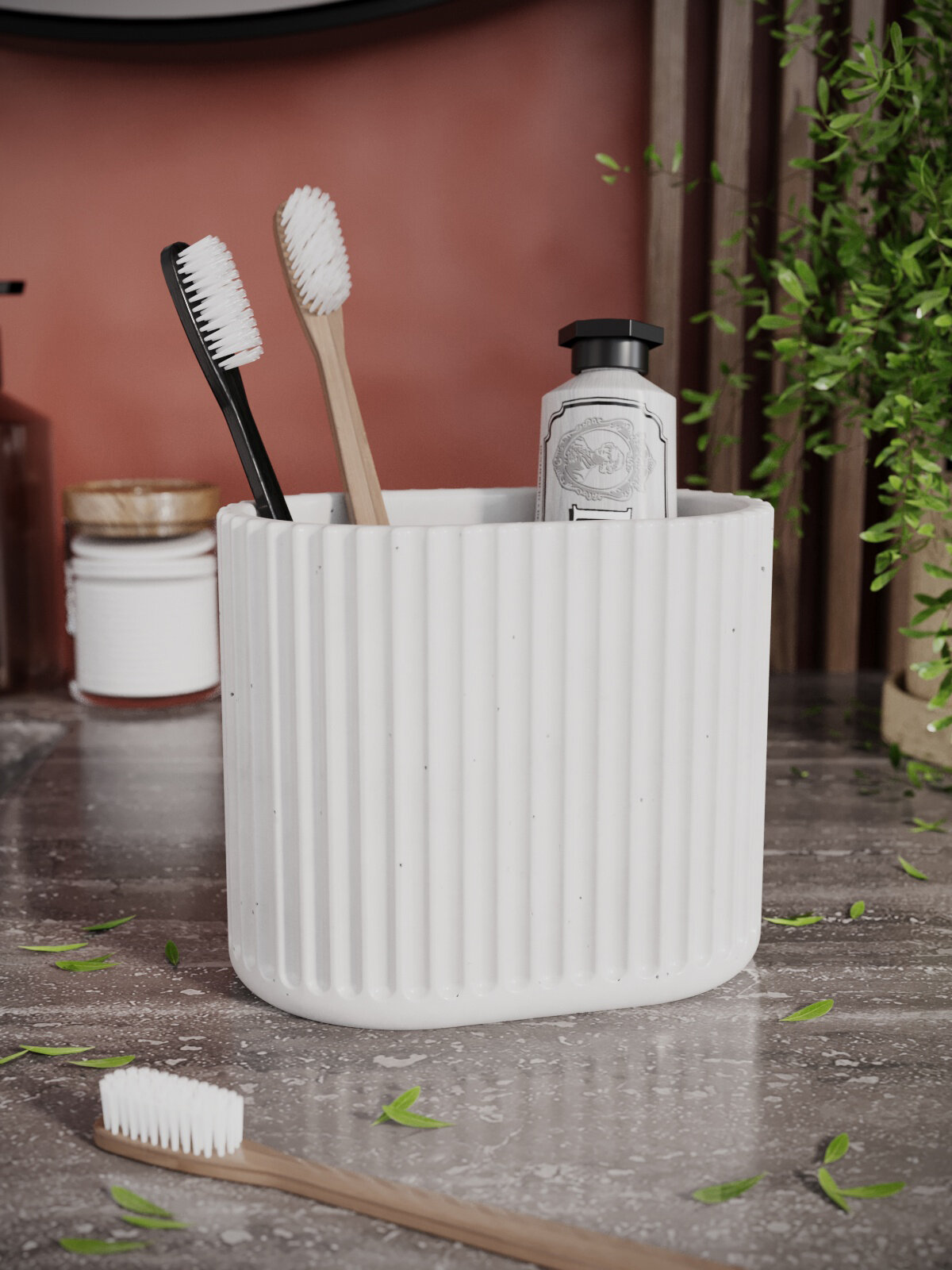 Стакан для зубных щёток, стакан для ванной Chloe Duo 10х8.5х13, бетон, белый глянцевый