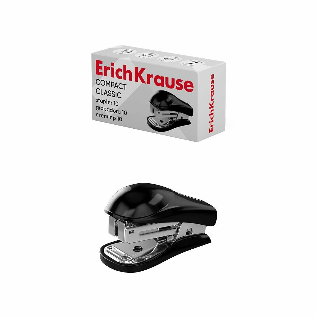 Степлер Erich Krause 10 на 15 листов, мини Compact Classic, черный