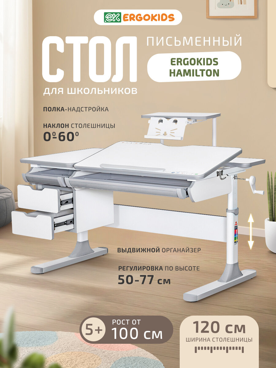 Растущая компьютерная парта с углом наклона Ergokids Hamilton (BD-680) с полкой S-50