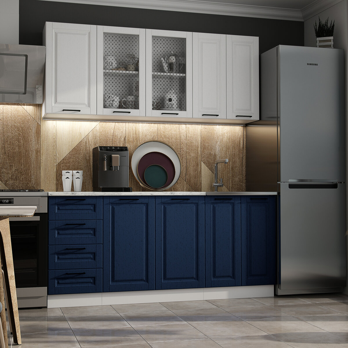 Кухонный гарнитур, кухня, готовый комплект Вита 1,8м Шато Белый/ Шато Индиго