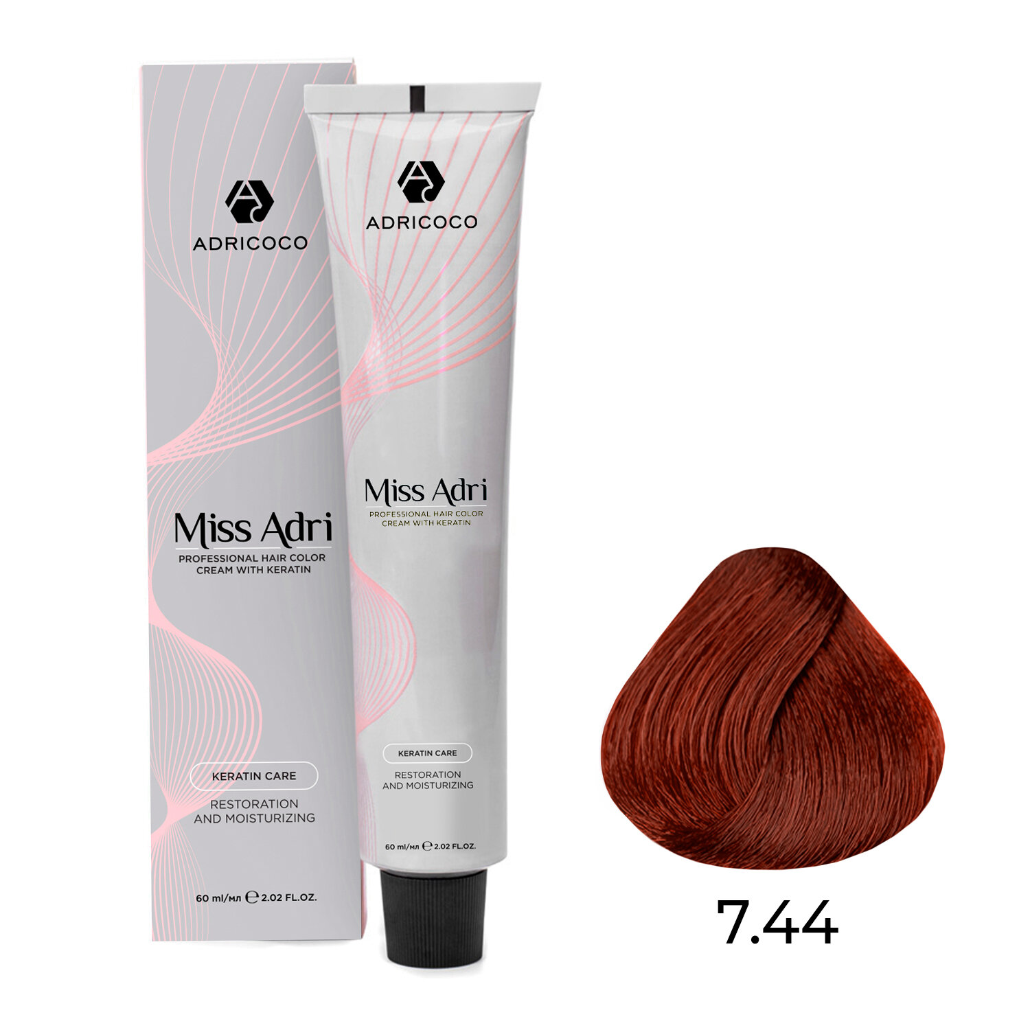 Крем-краска для волос Miss Adri с кератином, оттенок 7.44 Блонд интенсивный медный, ADRICOCO, 60 мл