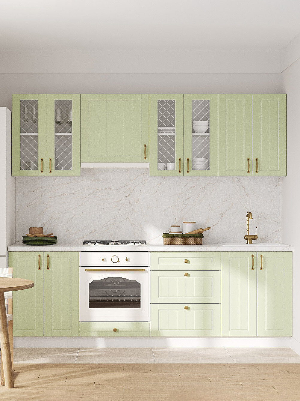 Кухонный гарнитур Флоренс 2.4 м, мебель для дома и кухни, Белый / Фисташковый структурный со стеклом