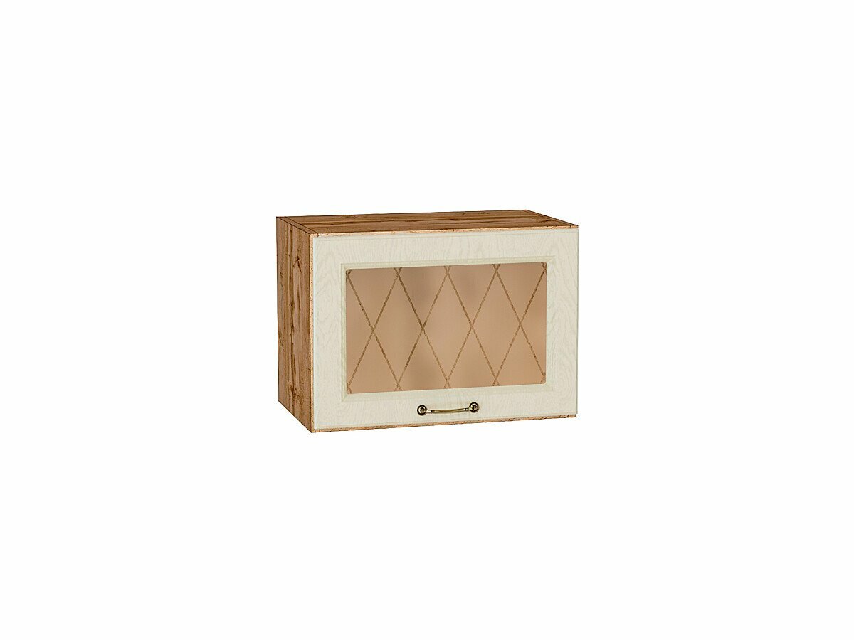 Шкаф верхний горизонтальный остекленный Ницца, цвет фасада Дуб крем, цвет каркаса Дуб Вотан, стекло White Сrystal, 358*500*318 мм