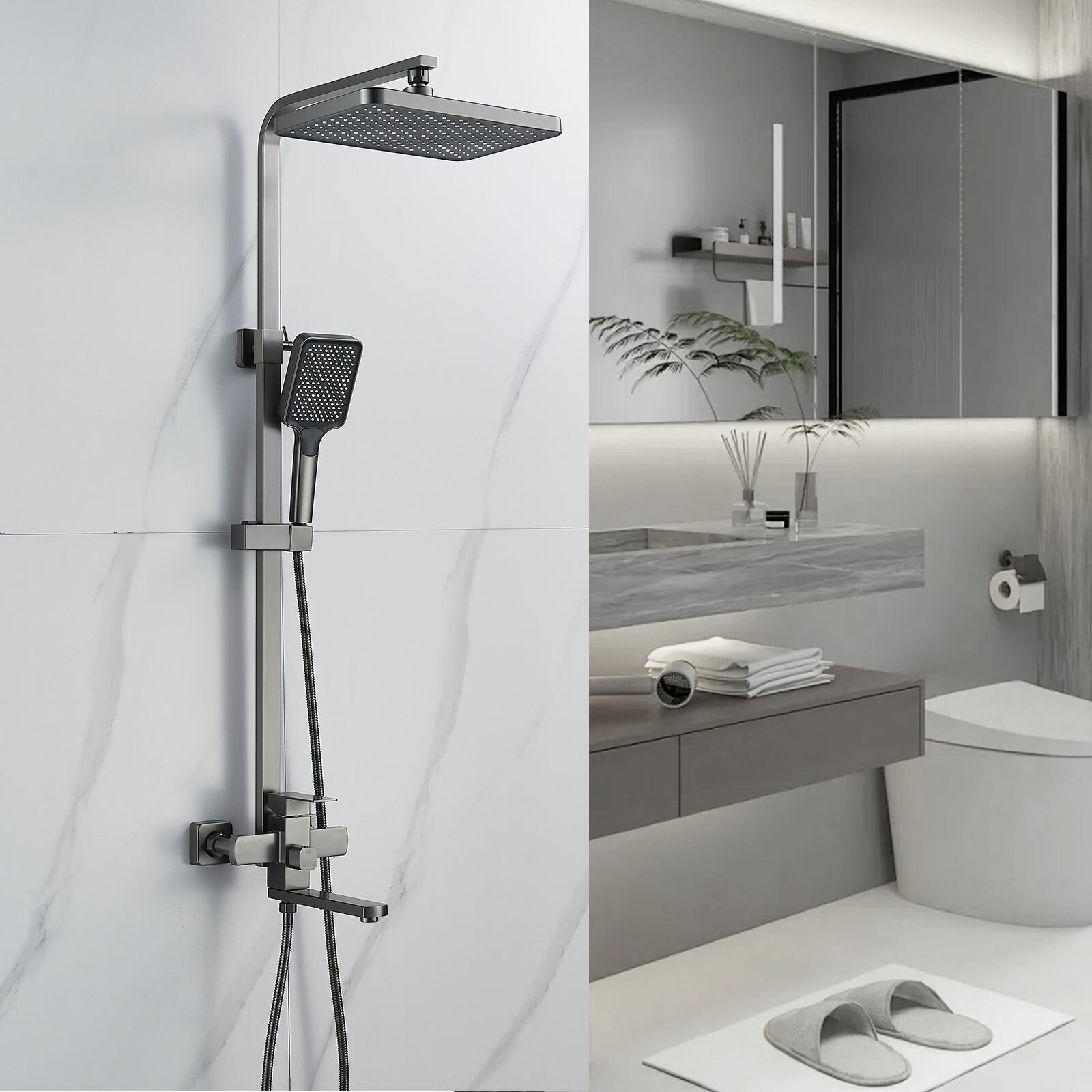 Душевая система Shevanik с верхним тропическим душем и ручной лейкой, оружейная сталь