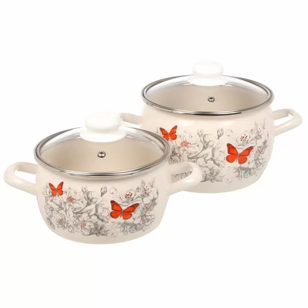 Набор посуды эмалированная сталь, 4 предмета, полусфера, кастрюли 2, 3.5 л, индукция, лзэп, Яблоневый цвет, С-220САП2