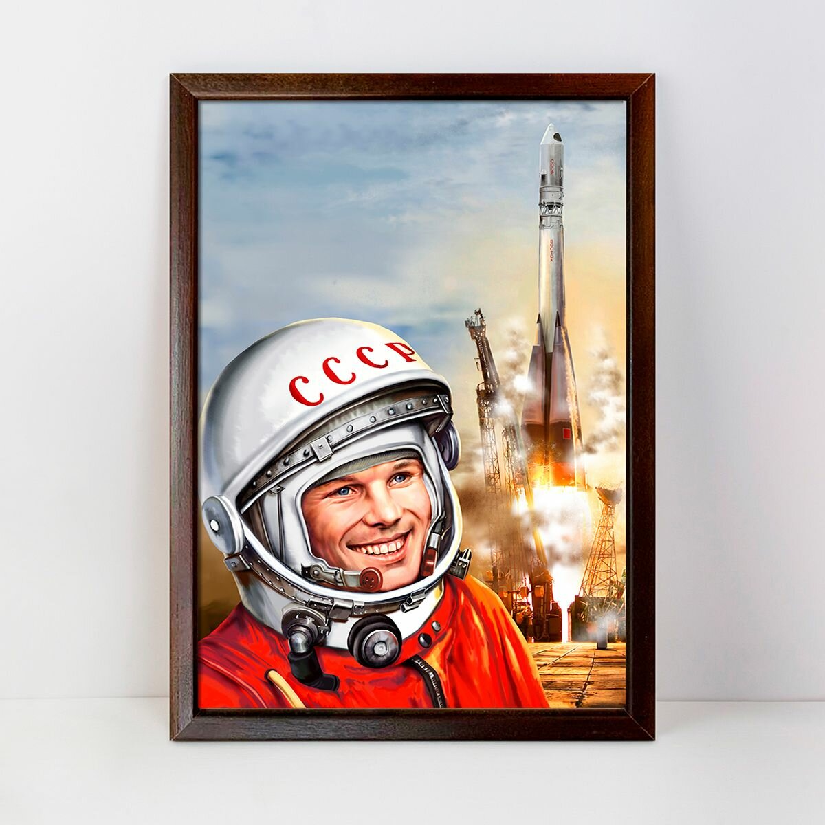 Портрет Юрия Гагарина на холсте в рамке под дерево / А-3 (30x42 см.)