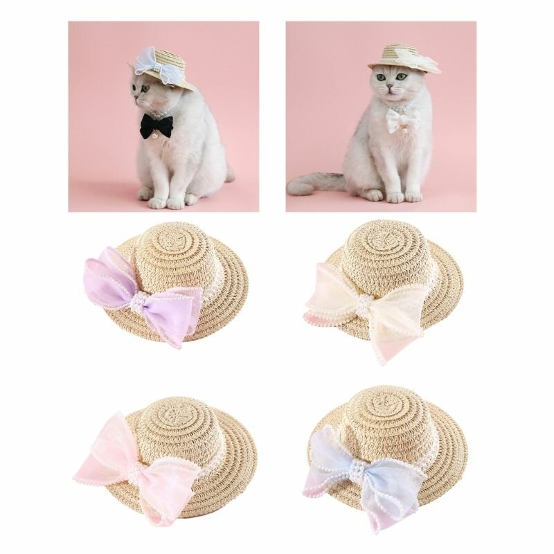Соломенная шляпа С Кошачьим Жемчужным бантом-M-Белая Шляпа бантом