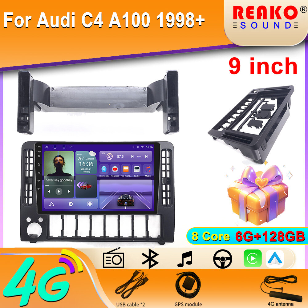 Магнитола для Audi C4 A100 C4 1998+, 8 ядерный процессор 6/128Гб ANDROID 11, QLED экран 9 дюймов, Carplay, автозвук DSP, Wifi, 4G