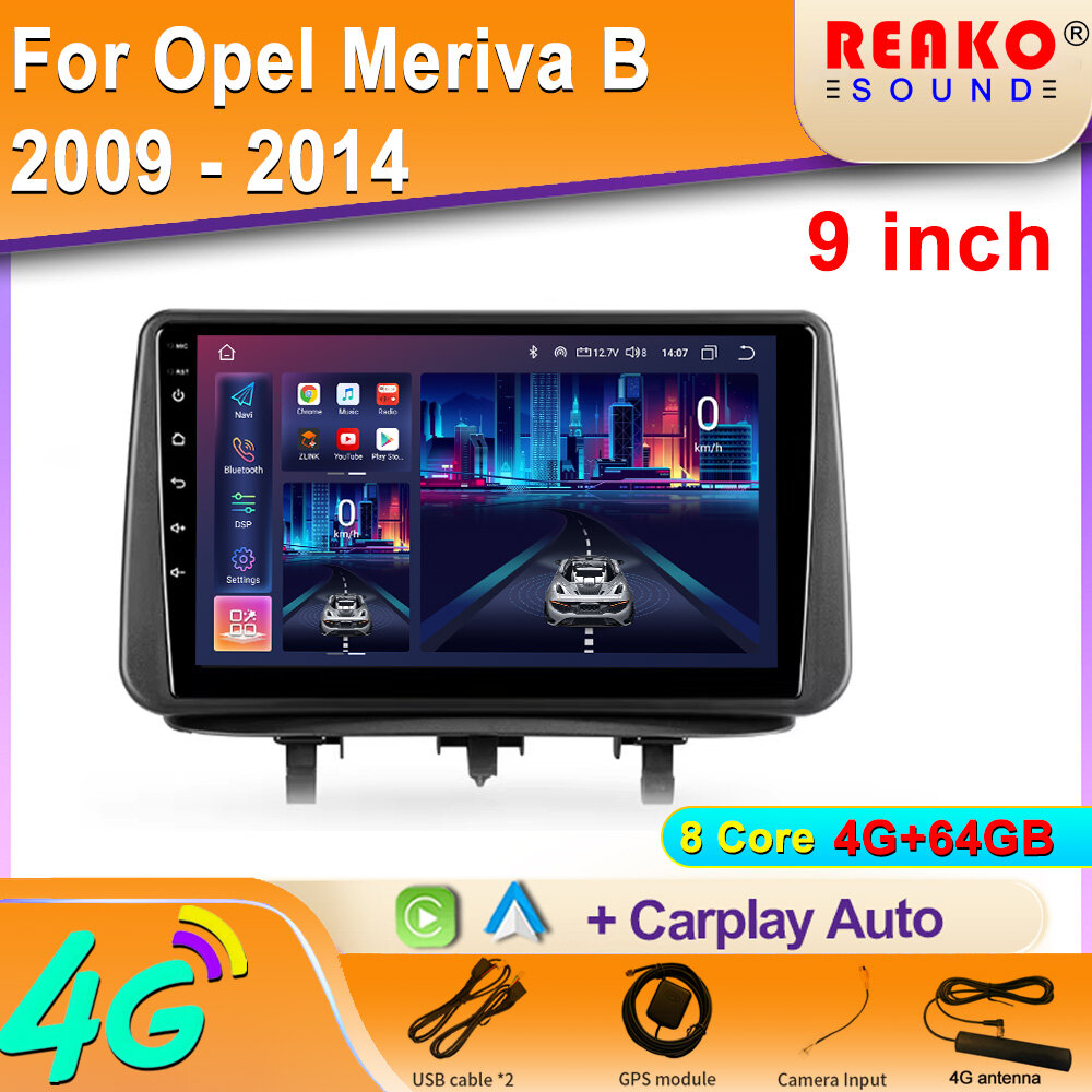 Магнитола для Opel Meriva B 2009 - 2014 , с камерой заднего вида. IPS экран 9 дюймов, Wifi 2din с сенсорным экраном, usb и блютузом.