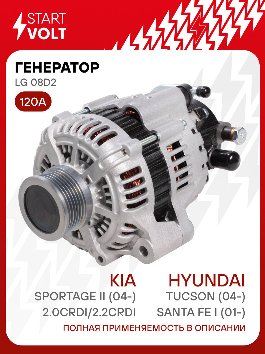Генератор для Hyundai Santa Fe I (01-)/Tucson (04-)/Kia Sportage II (04-) 120 А LG 08D2