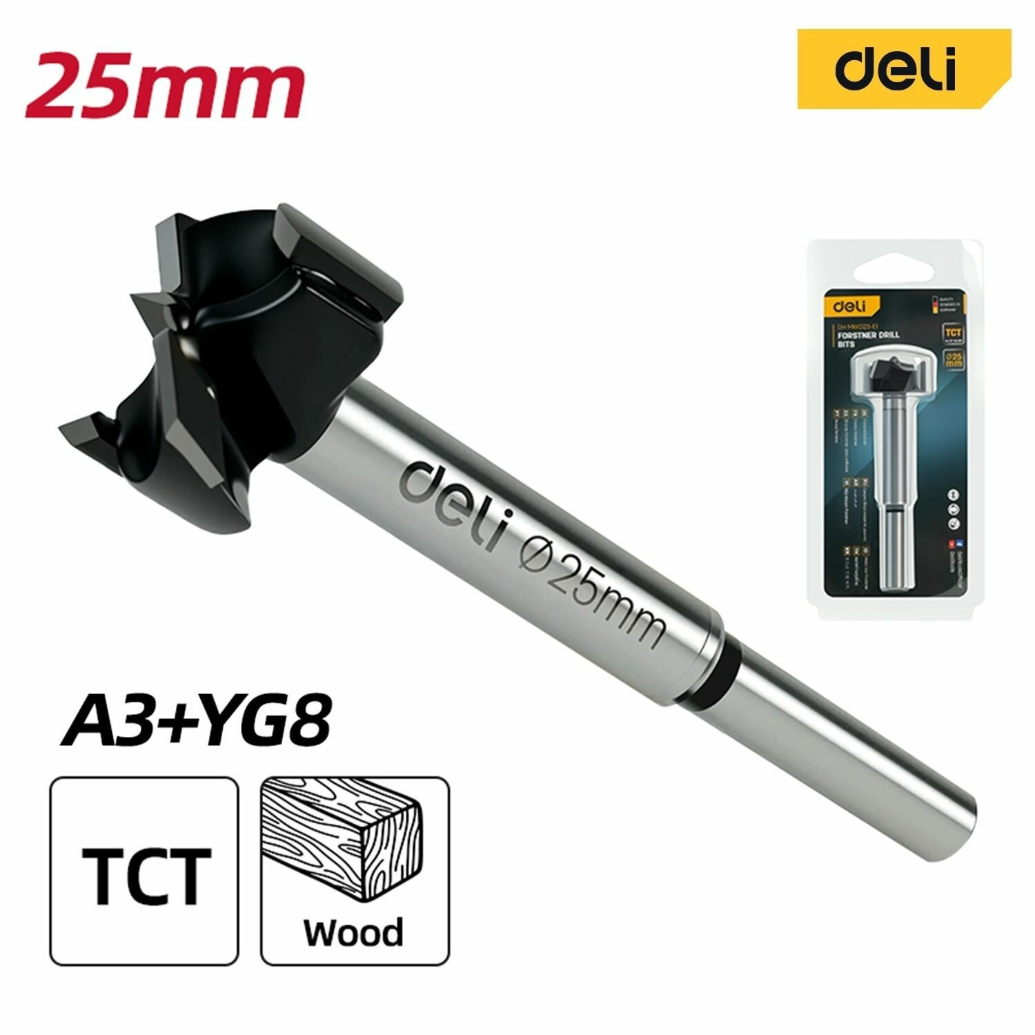 Сверло Deli Tools DH-MKK025-E1, Форстнера, для дерева, сталь, 25мм