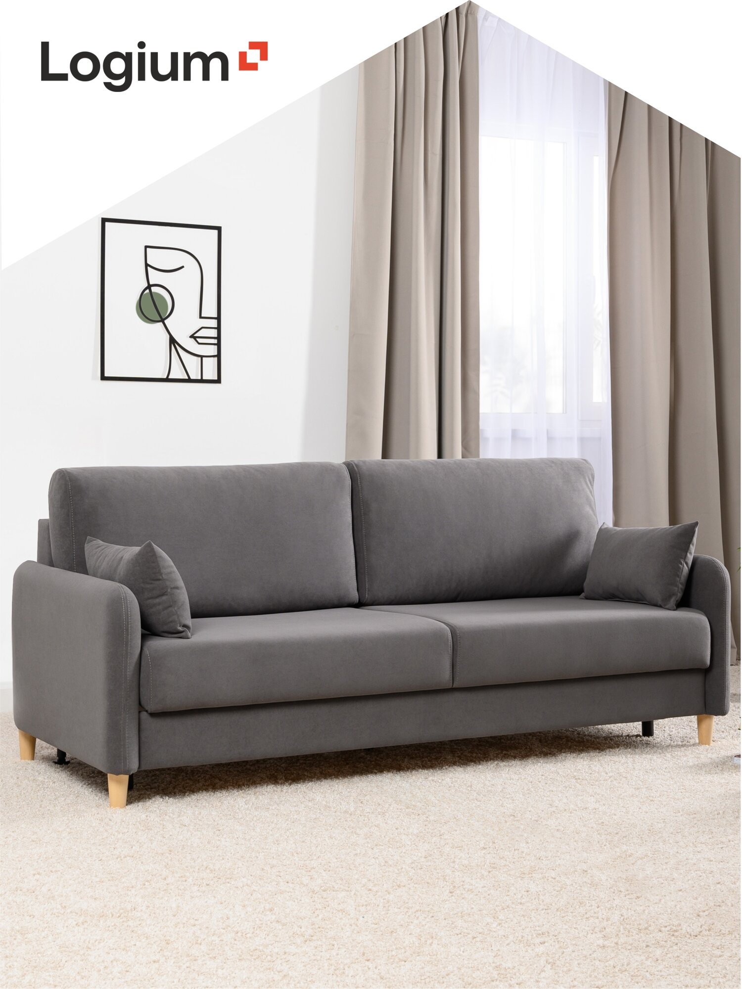 Диван раскладной Норман, Арт. ТД 732 Leonardo 15 (темно-серый), 215х98х89см, механизм еврокнижка, велюр