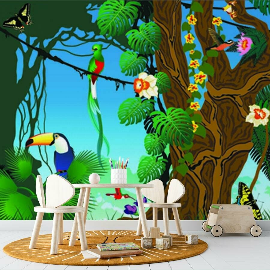 Фотообои Сказочный лес с попугаями 12-103-S-Холст 270 x 200 см (ВхШ) Бесшовные, флизелиновые, влагостойкие обои MasterFresok