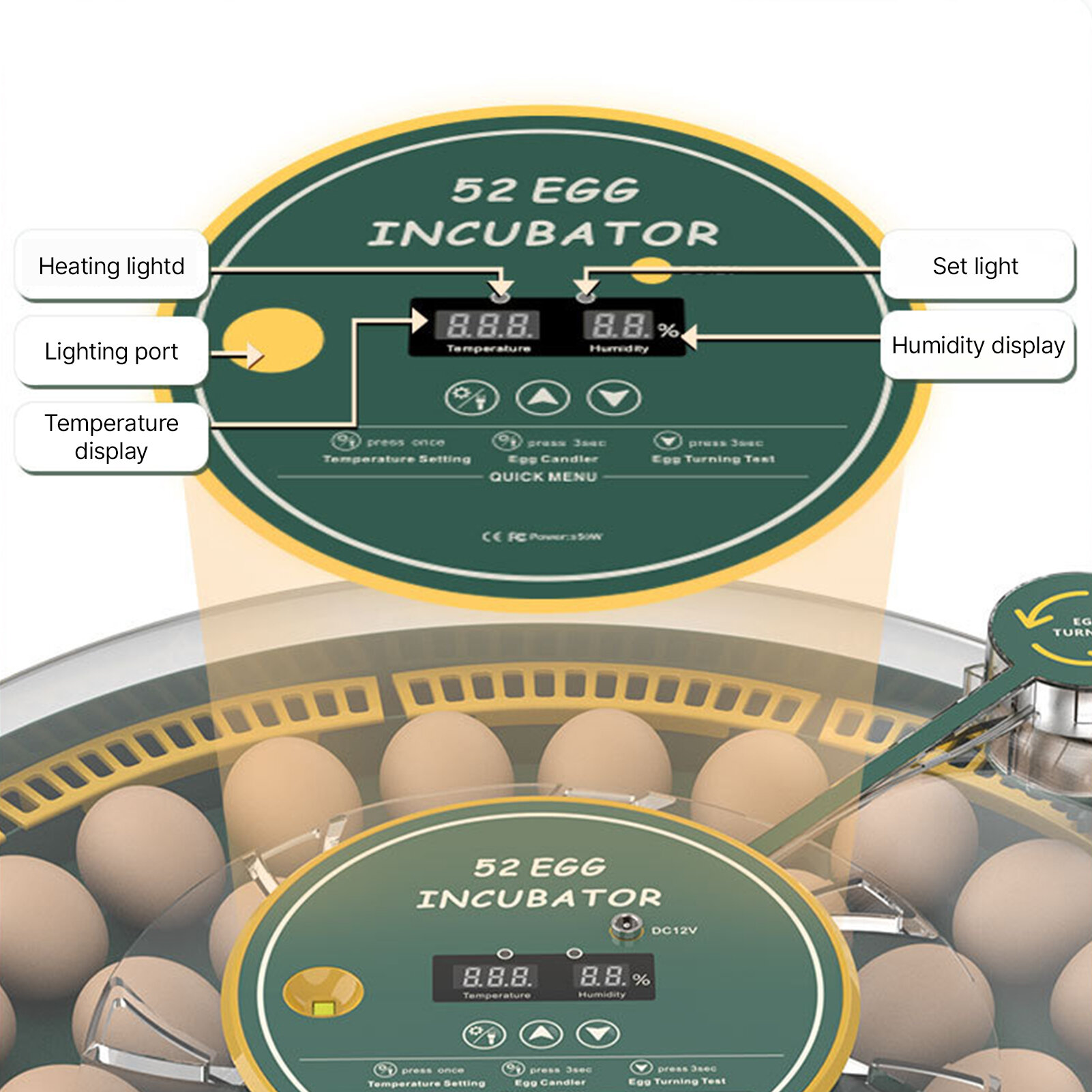 [通拓商品]Инкубатор на 52 яйца с автоматическим поворотом яиц, контролем влажности, дисплеем температуры, двойным источником питания и подсветкой для яиц, уютный инкубатор с внешней поилкой для вылупления яиц цыплят, птиц, уток, перепелов, попугаев