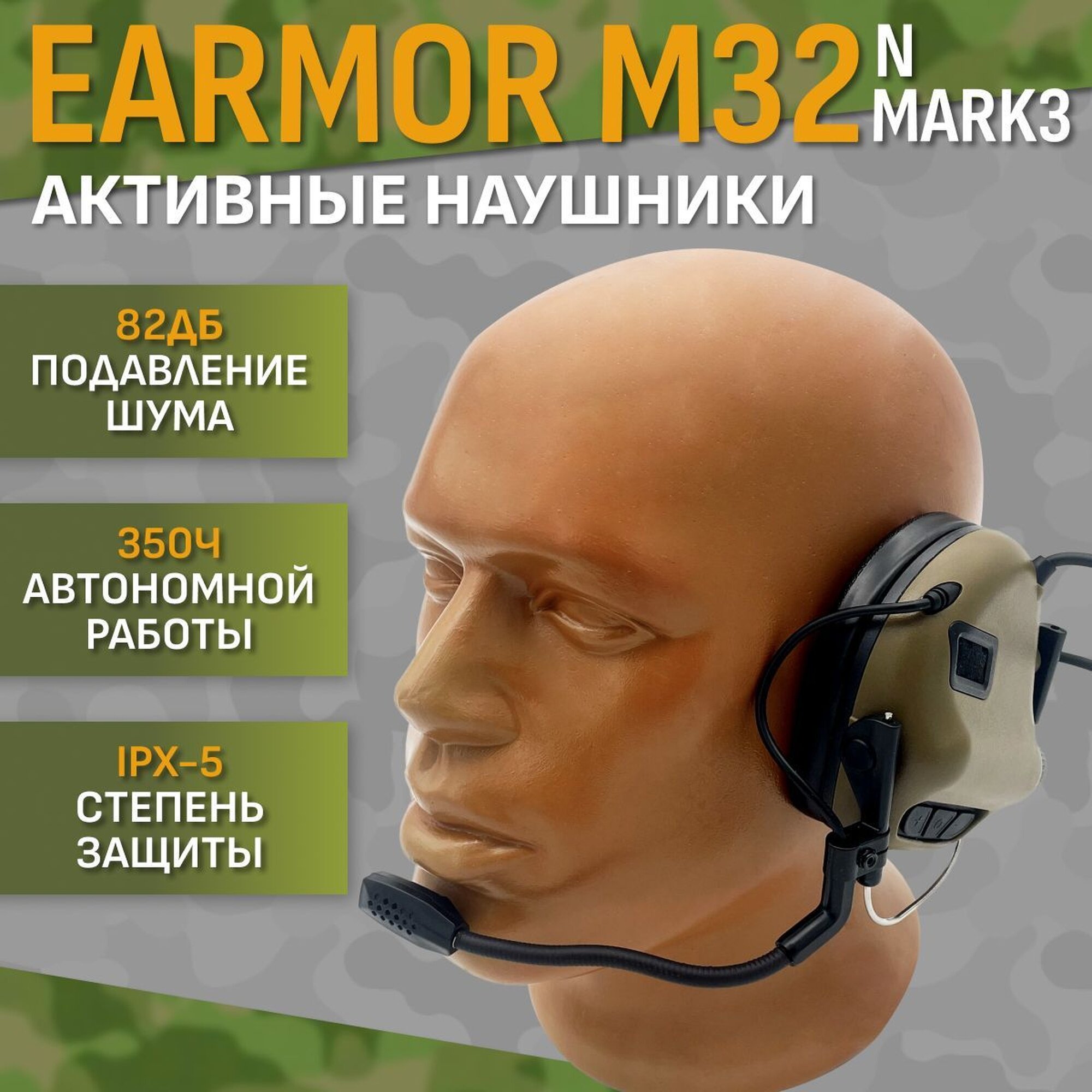 Наушники тактические EARMOR MilPro M32, тактические, шумоподавление 22дБ