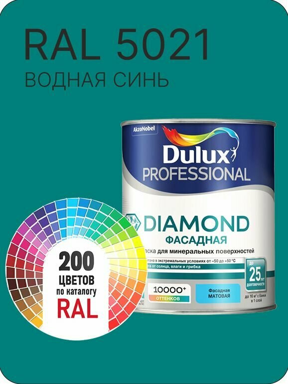 Краска для минеральных и деревянных фасадов Dulux Diamond цвет водная синий Ral 5021 0.8 л.