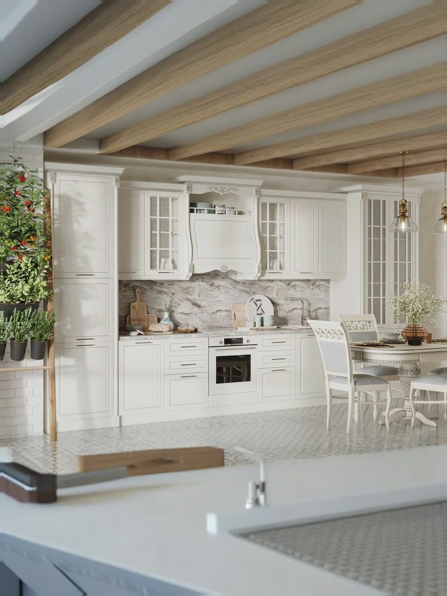 Кухонный гарнитур 4,5 метра, эмаль айвори патина серебро