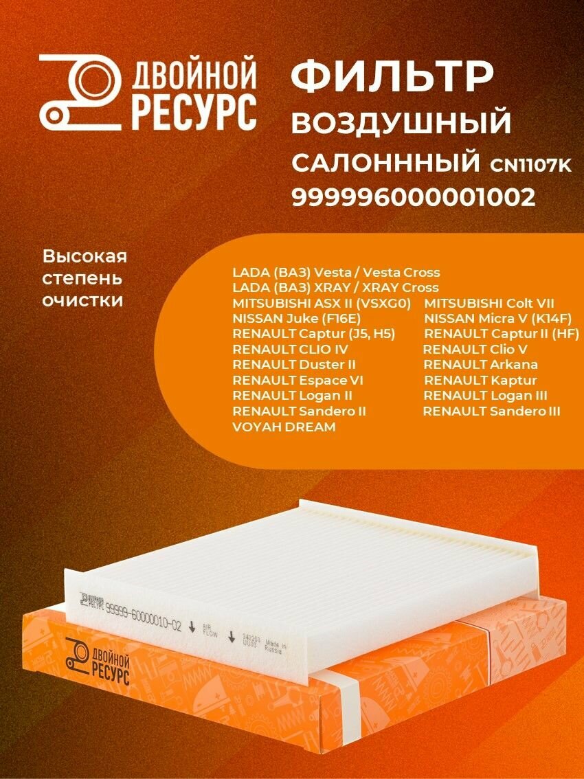 Фильтр салонный Renault Duster II Logan/Sandero II Kaptur Lada Vest X-Ray Nissan Juke "Двойной ресурс" / Лада веста иксрей Рено дастер логан сандеро 2 Ниссан жук (999996000001002, CU22011)