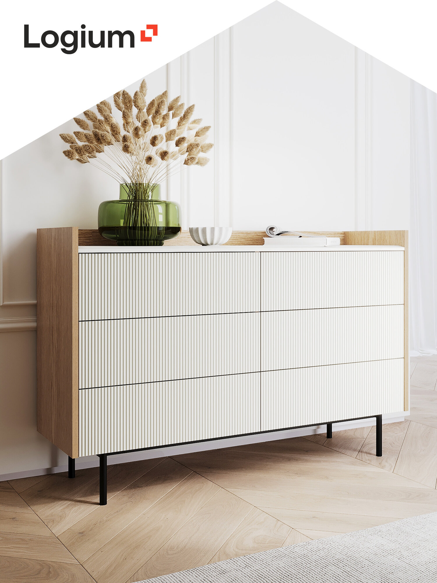 Комод для вещей с ящиками широкий белый 116,6 х 36,5 х 76,8см, Наоми 16.243.06, Плэйн, белая шагрень