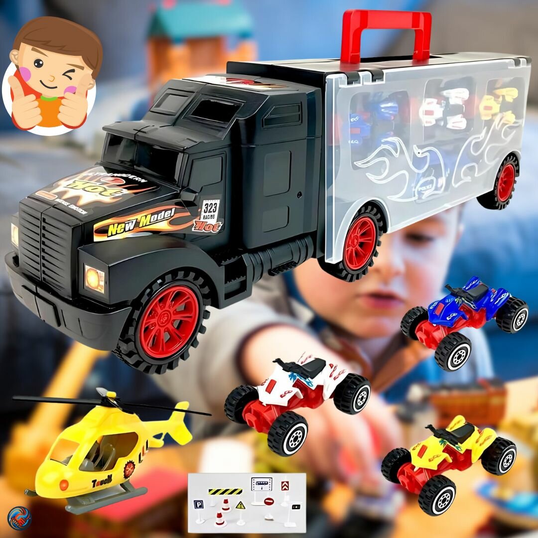 Трейлер-гараж с машинками и дорожными знаками для детей - игровой набор с автовозом и кейсом