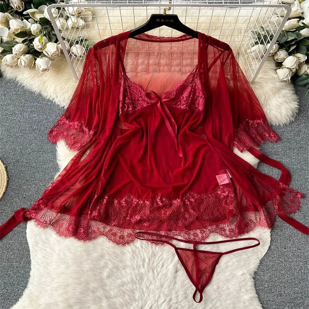 Красный шелковый комплект нижнего белья с кружевом, S, QD114-Red