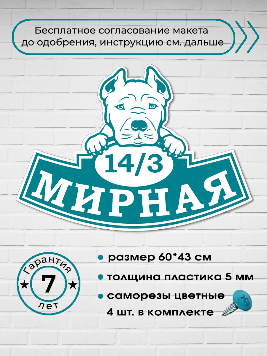 Адресная табличка с собакой породы Стаффордширский бультерьер, бирюзовая, 60х43 см.