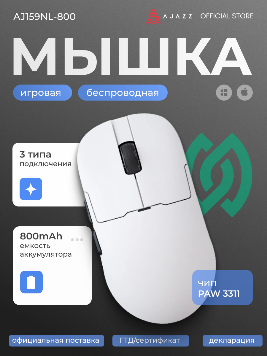 Игровая беспроводная мышь AJAZZ AJ159 NL, белая, 3 типа подключения, Pixart PAW 3311, 800мАч