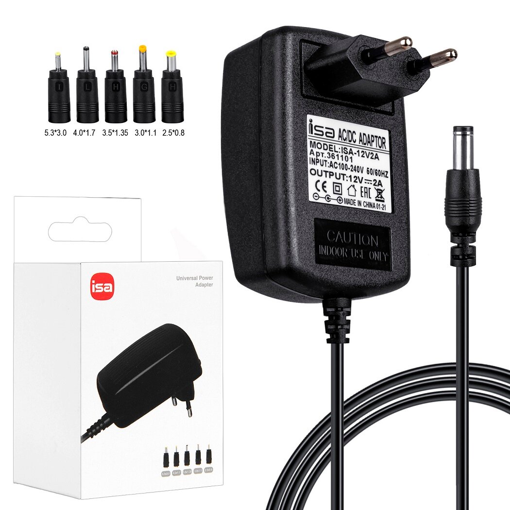 Блок питания универсальный ISA 12V 2А Max, штекер 5,5 х 2,5 мм с адаптерами