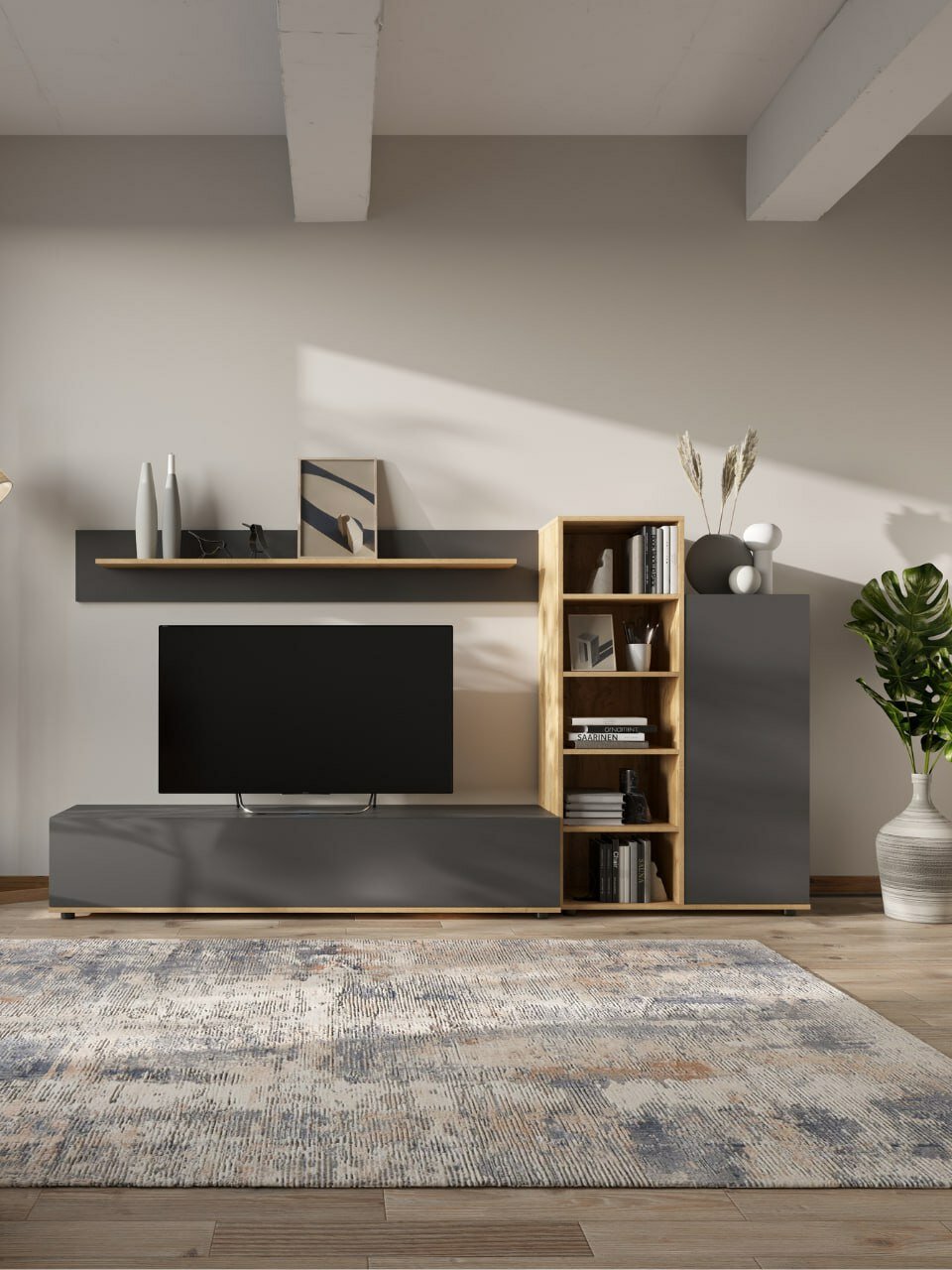 Стенка в гостиную, стенка для гостиной Амазон, Серый графит/Дуб Вотан, 240х127х40 см (ШхВхГ)
