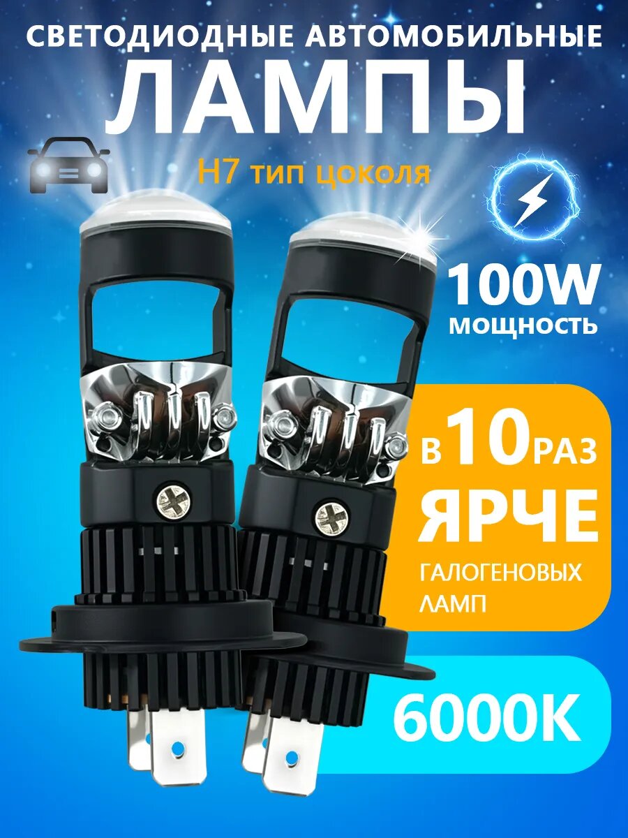Лед лампы h7 светодиодные линзованные автомобильные ближний