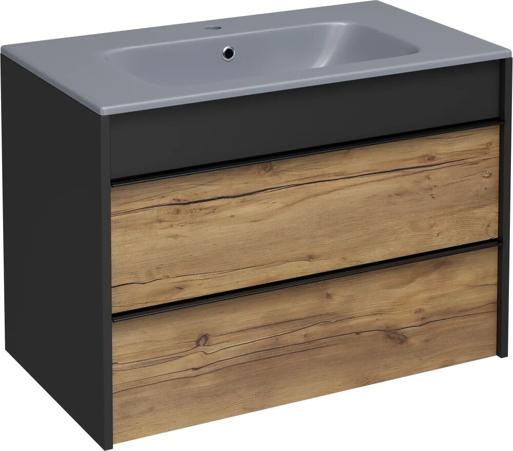Тумба с раковиной STWORKI Гриндстед 80 подвесная, напольная, 81, 5 см, черная, светлое дерево, матовая, из ЛДСП, с ящиками, раковина для ванной фаянсовая, прямоугольная, встроенный слив-перелив, лофт