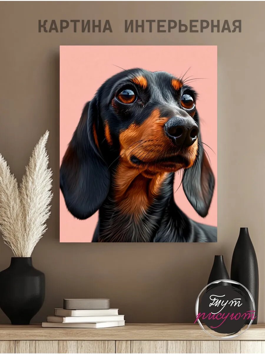 Картина, Постер Тут рисуют "Такса", 40x50 см, интерьерная, на подрамнике, с креплением