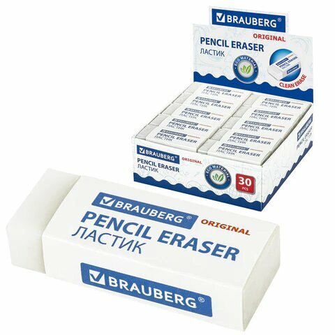 Ластик BRAUBERG EXTRA, 45х17х10 мм, белый, прямоугольный, экологичный ПВХ, картонный держатель, 228076