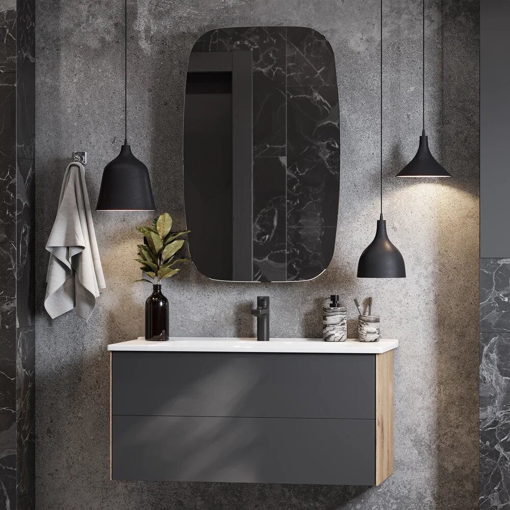 Тумба с раковиной AQUATON Сохо 100 подвесная, 100, 5 см, серая, коричневая, матовая, из МДФ, с ящиками, раковина для ванной фарфоровая, прямоугольная, встроенный слив-перелив, лофт