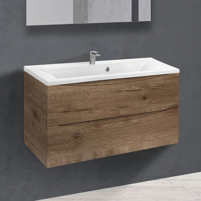 Тумба с раковиной Vincea Mia 90 подвесная, 90 см, светлое дерево, матовая, из МДФ, с ящиками, раковина для ванной, из искусственного камня, прямоугольная