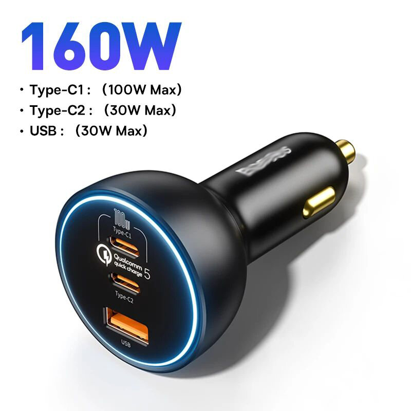 Автомобильное зарядное устройство Baseu 160W QC5.0, быстрая зарядка PPS PD3.0USB Type C