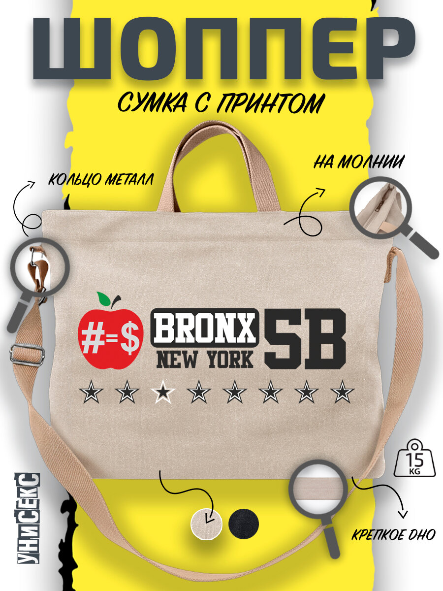 Сумка  шоппер y2k через плечо надпись Bronx Нью Йорк
