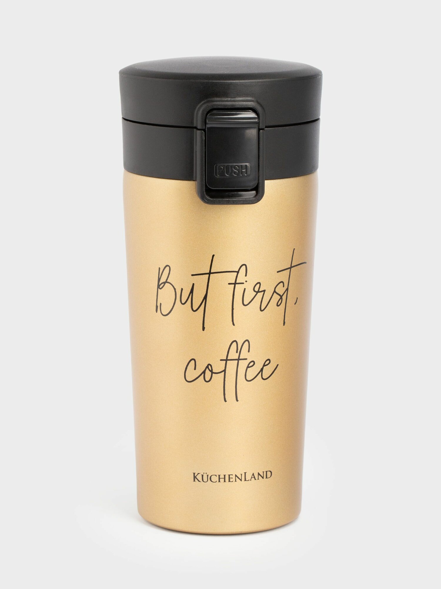 Термокружка, 380 мл, сталь/пластик, золотистая, матовая, But first, cofee, Voyage
